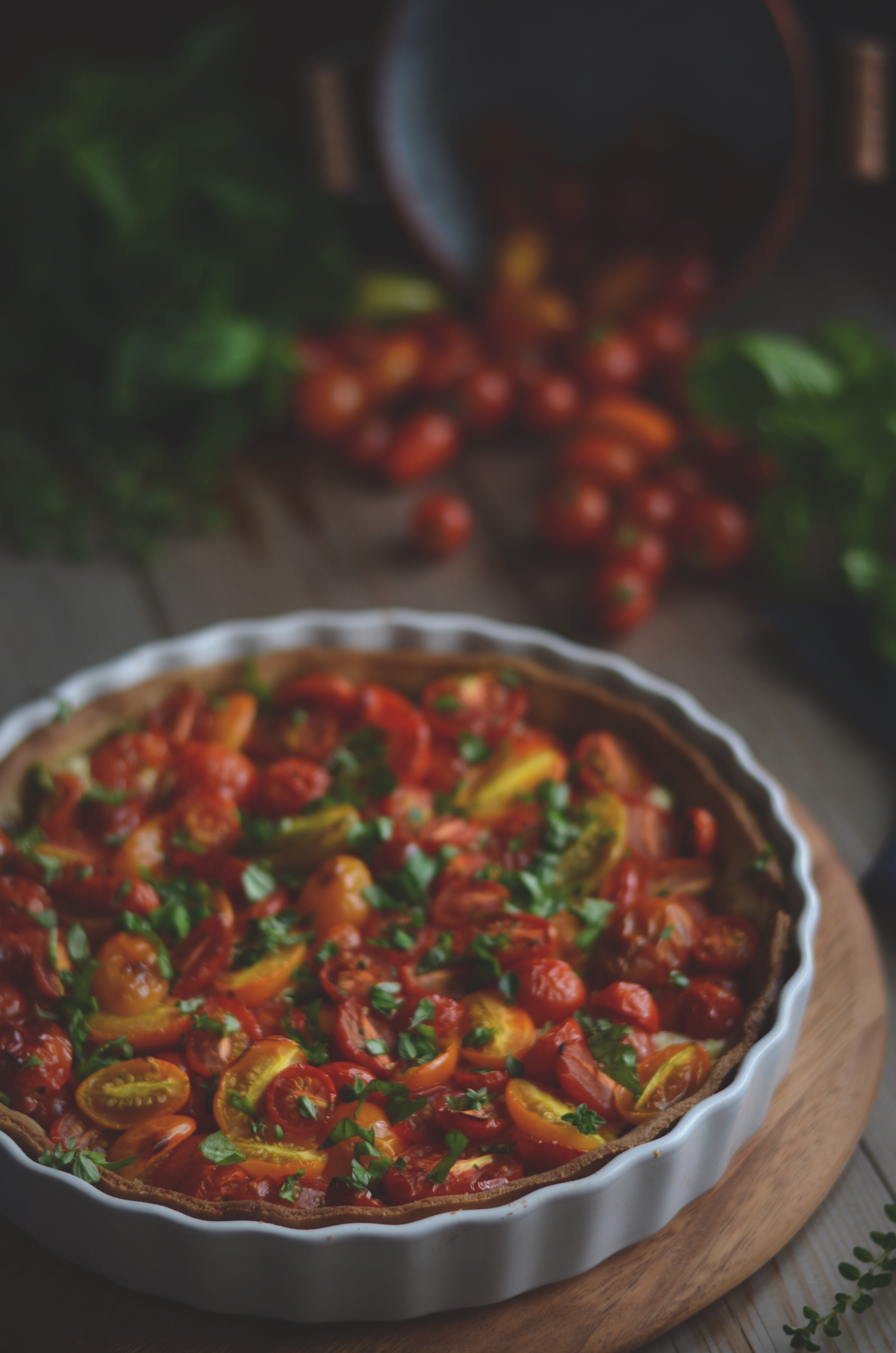 recipe from a friend: cherry tomato tart with pesto and ricotta