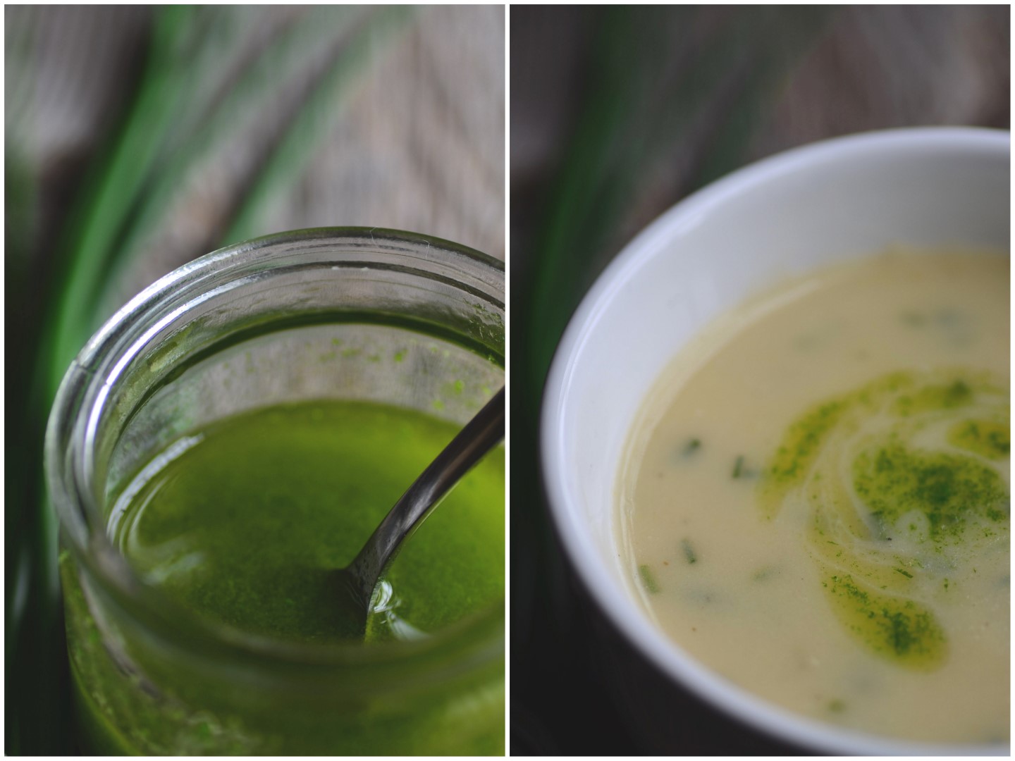 potato, chive, and cheese soup with chive oil